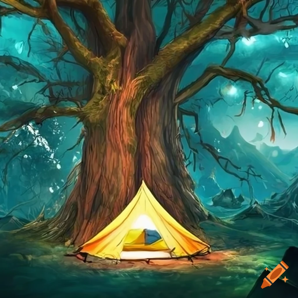 Fantasy image of a tent under a big tree on Craiyon
