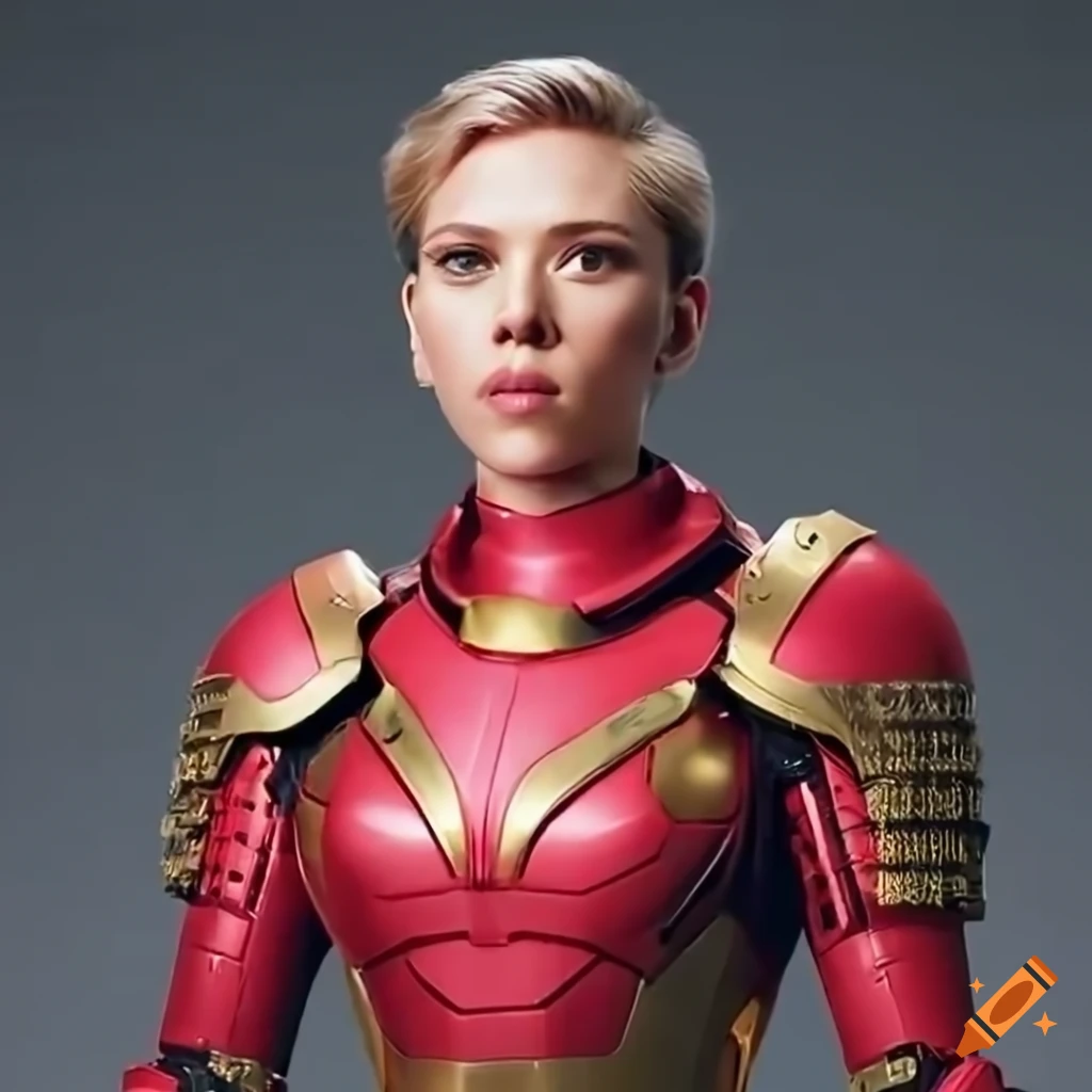 Futuristic artwork of a woman in red and gold armor on Craiyon