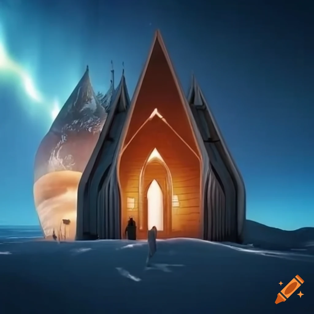 A futuristic church on jupite´s surface, with clean lines and ...