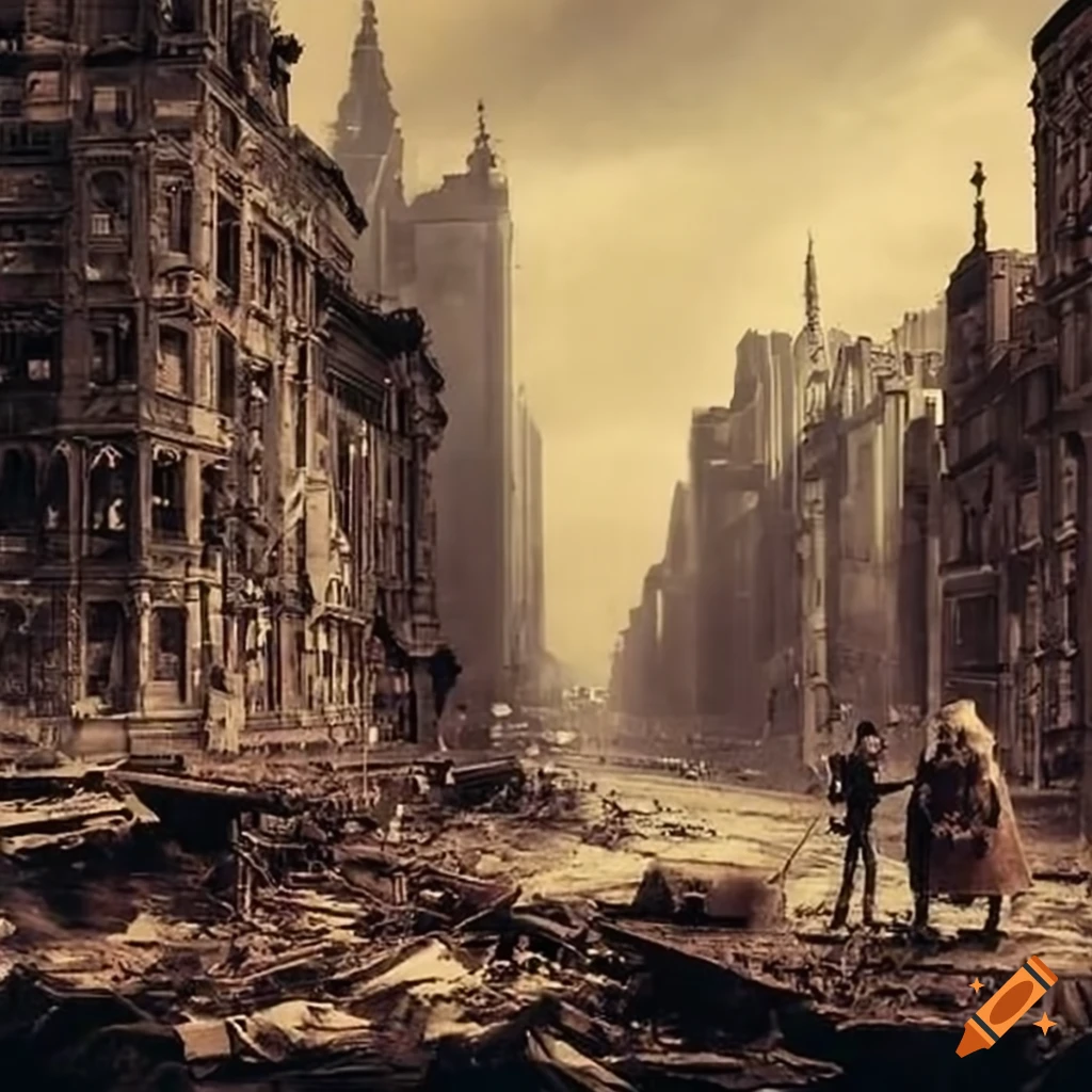 Vintage photo of a crumbling futuristic city on Craiyon