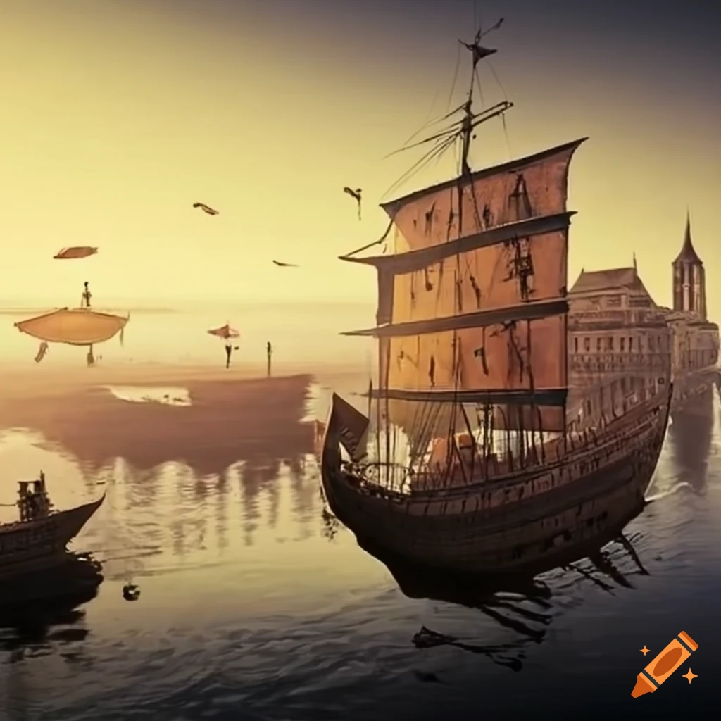 Medieval port with ships and warehouses on Craiyon