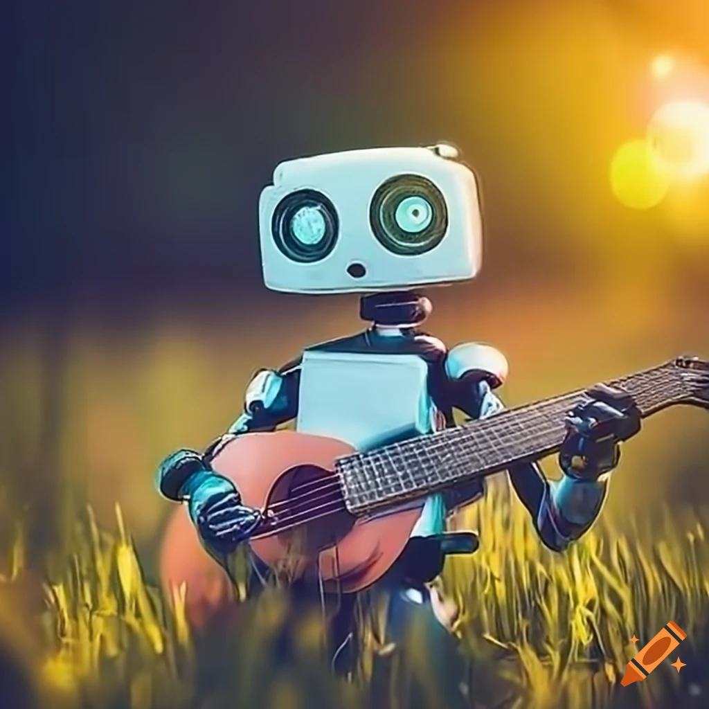 Robot playing acoustic guitar in sunny grass landscape