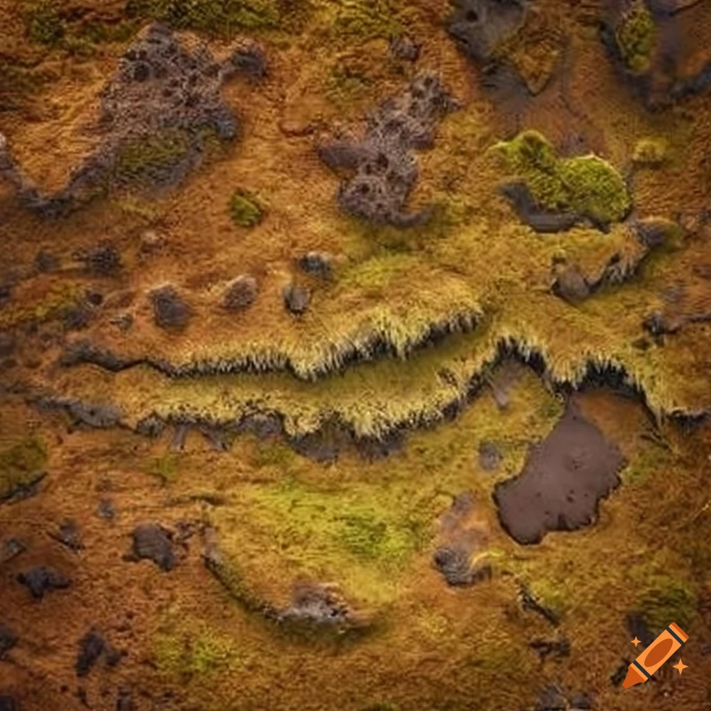 Aerial view of a dead brown moss bog map on Craiyon