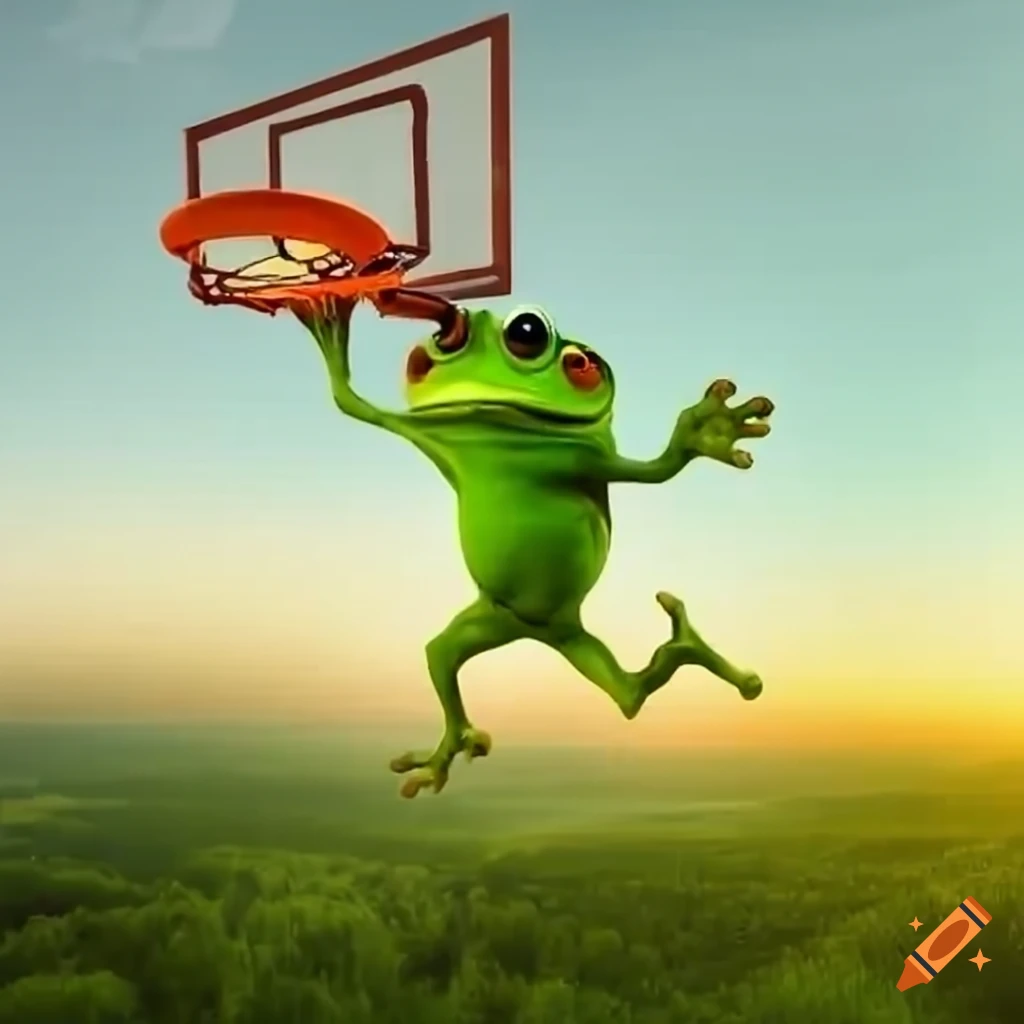 Green frog dunking on a basketball hoop on a mountain on Craiyon