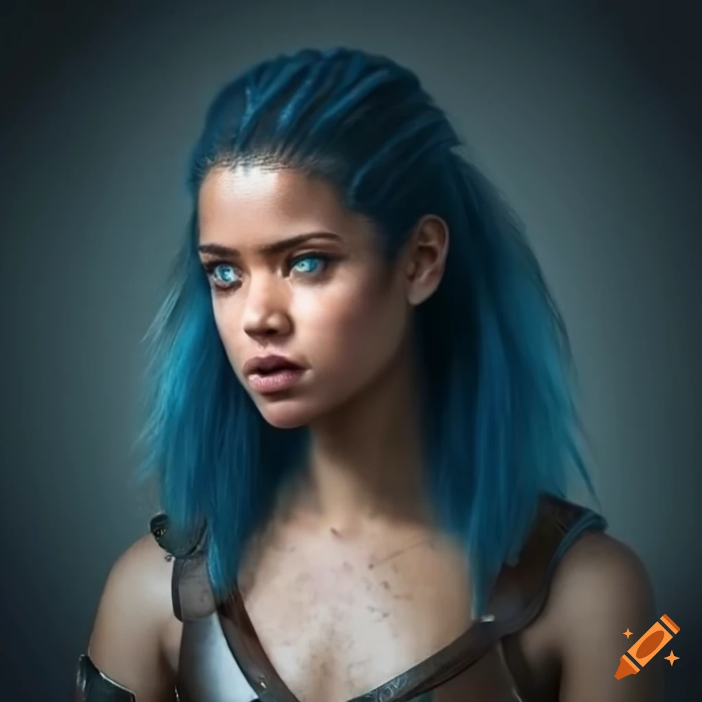 Portrait of a female warrior with blue hair and freckles on Craiyon