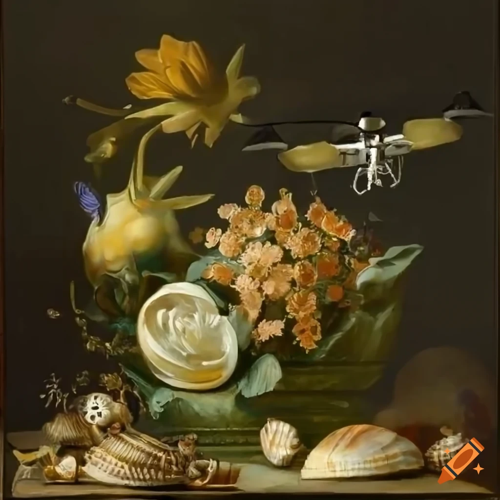 Still life painting with flowers, shells, insects and drones on Craiyon