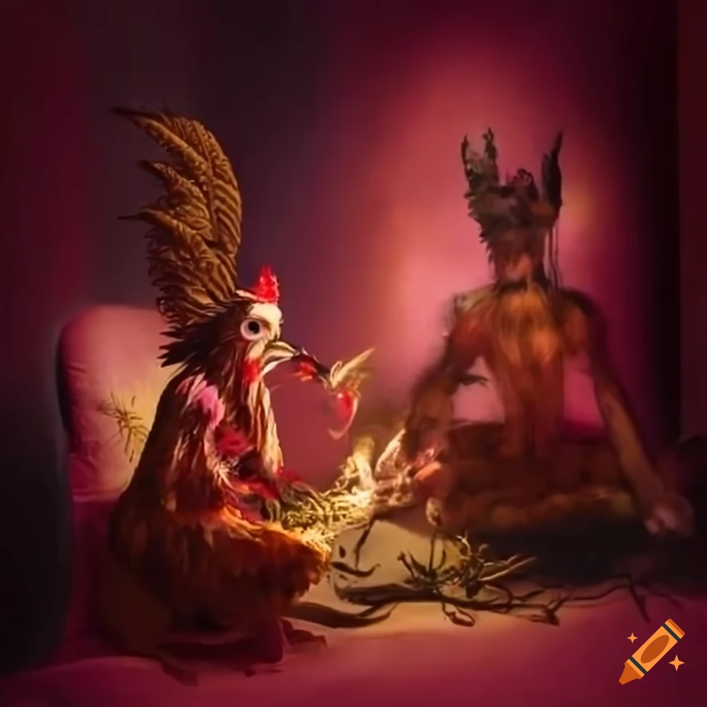 Satirical illustration of a chicken and lucifer in a pink room on Craiyon