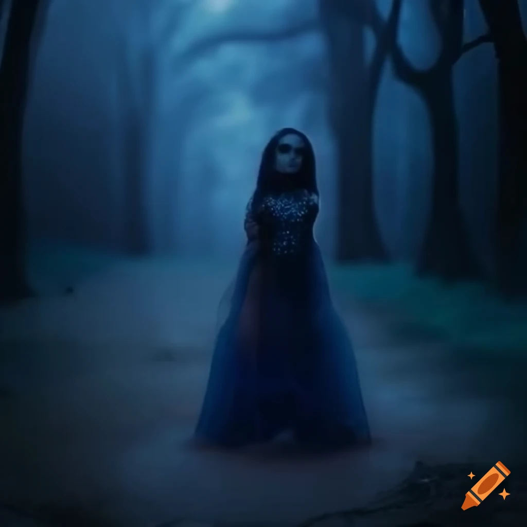 Art of a glowing transparent blue ghost girl in a dark forest on Craiyon