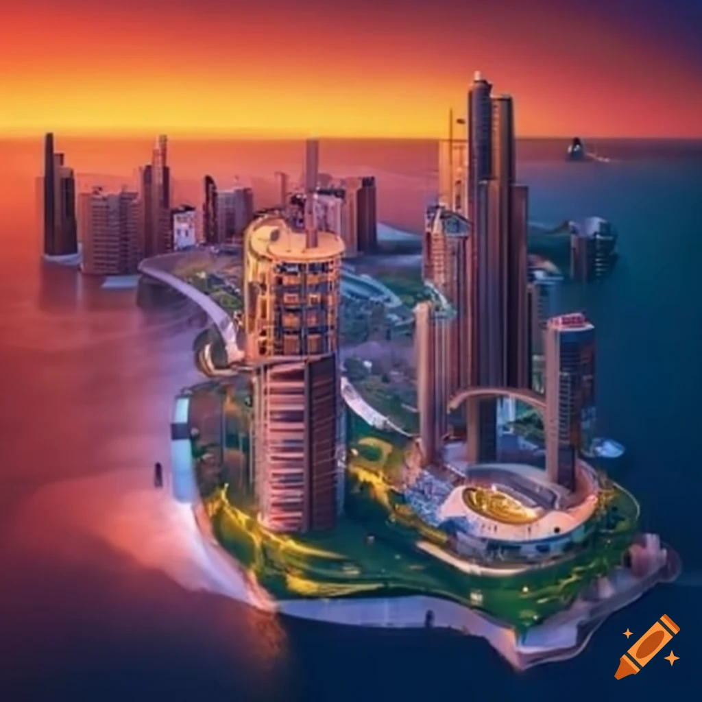 Cityscape of a high-tech island with parks and cafes