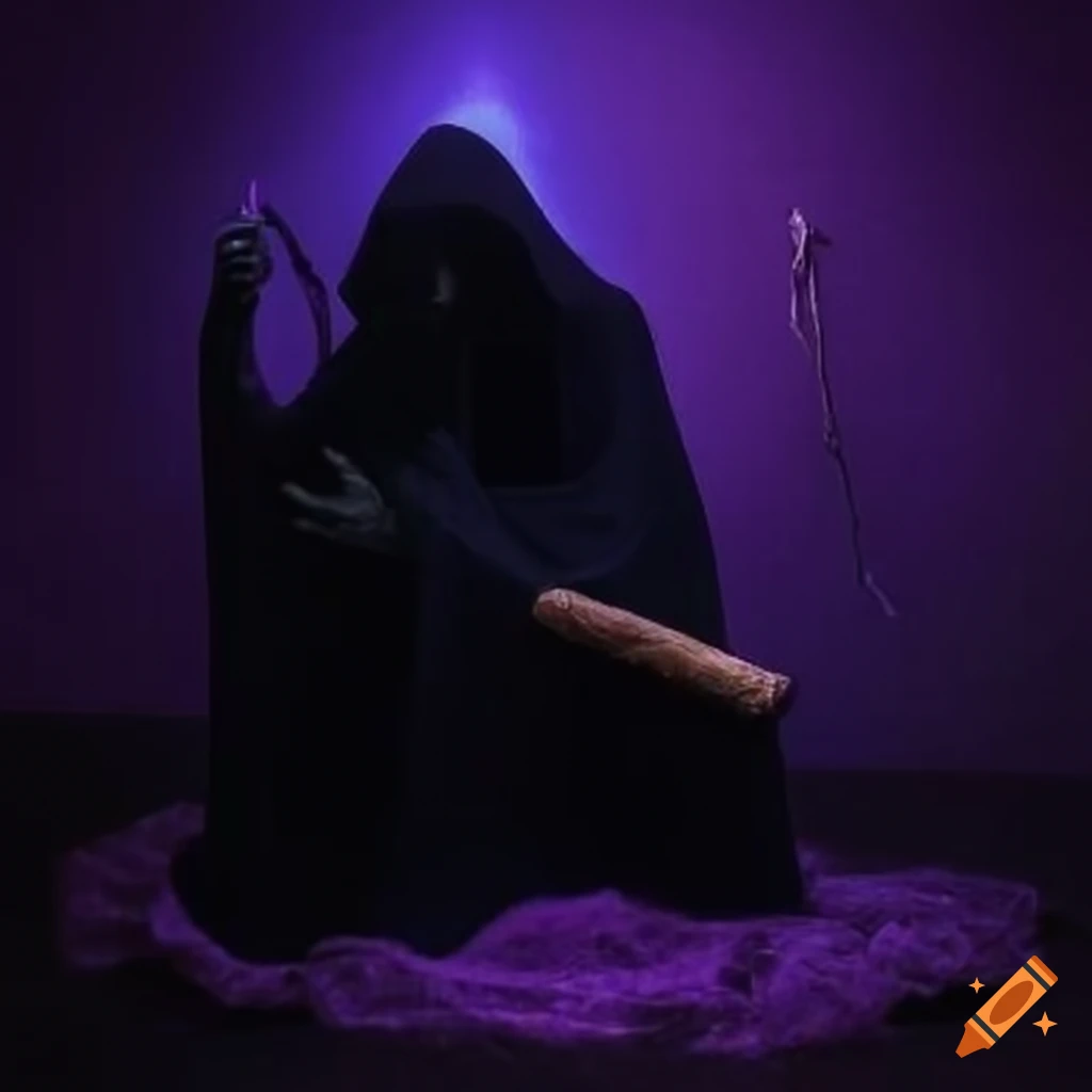 Art of a grim reaper with glowing purple eyes on Craiyon