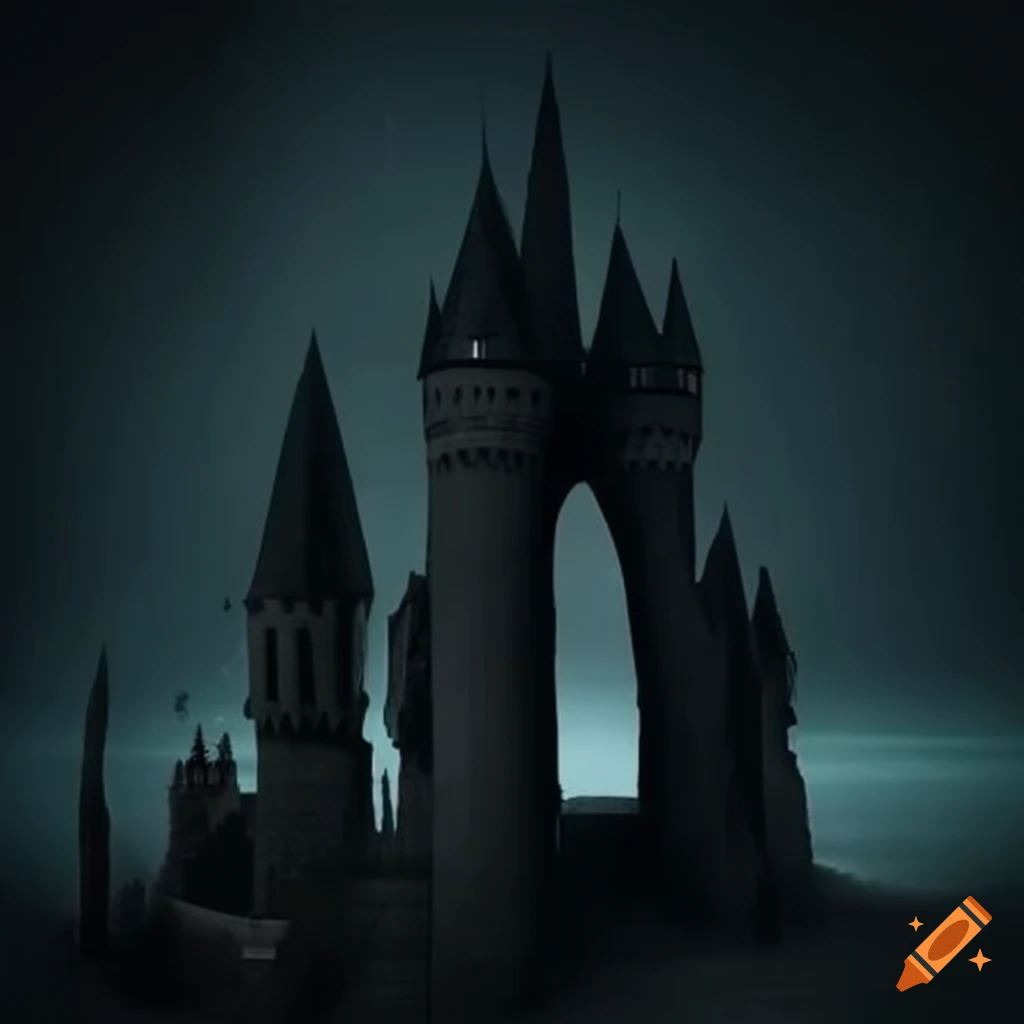 Dark and mysterious castle overlooking a transformed village on Craiyon