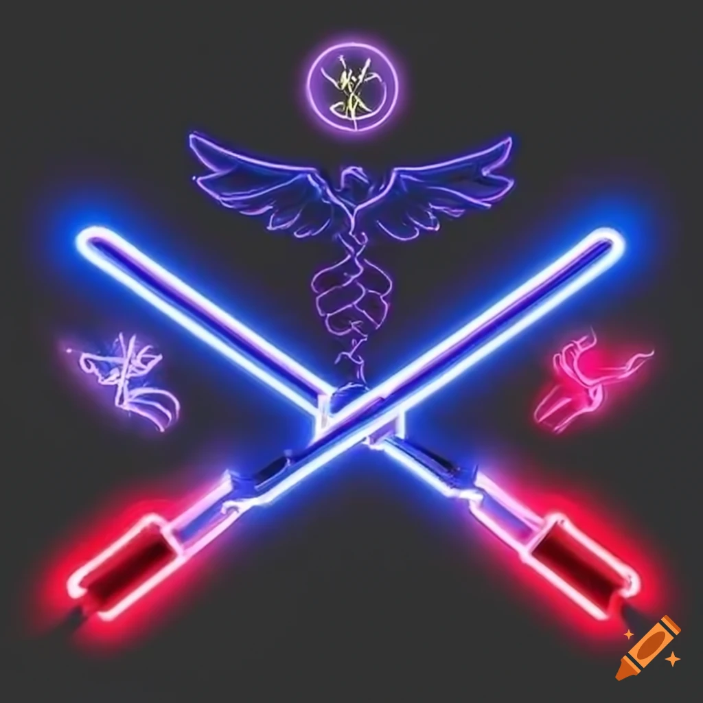 Logo with crossed neon light sabers over caduceus