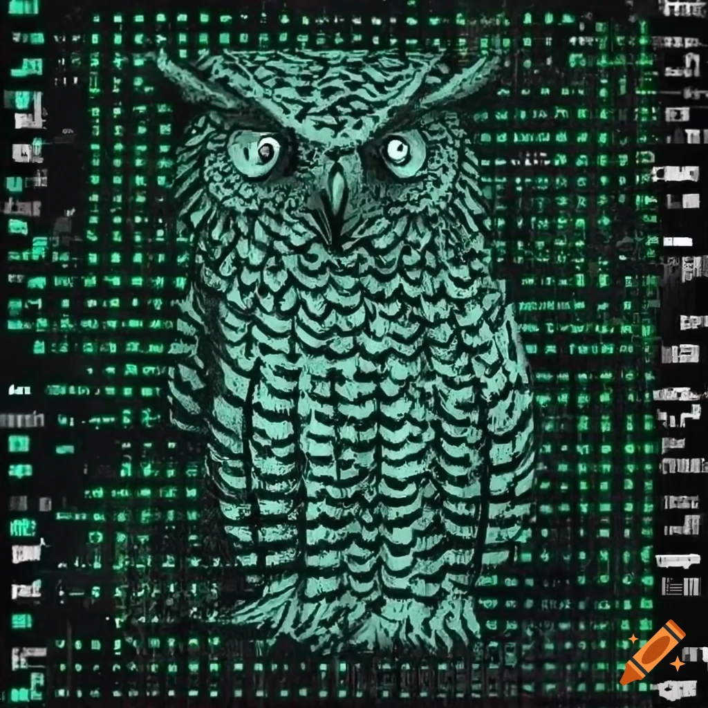 Owl artwork with matrix code background