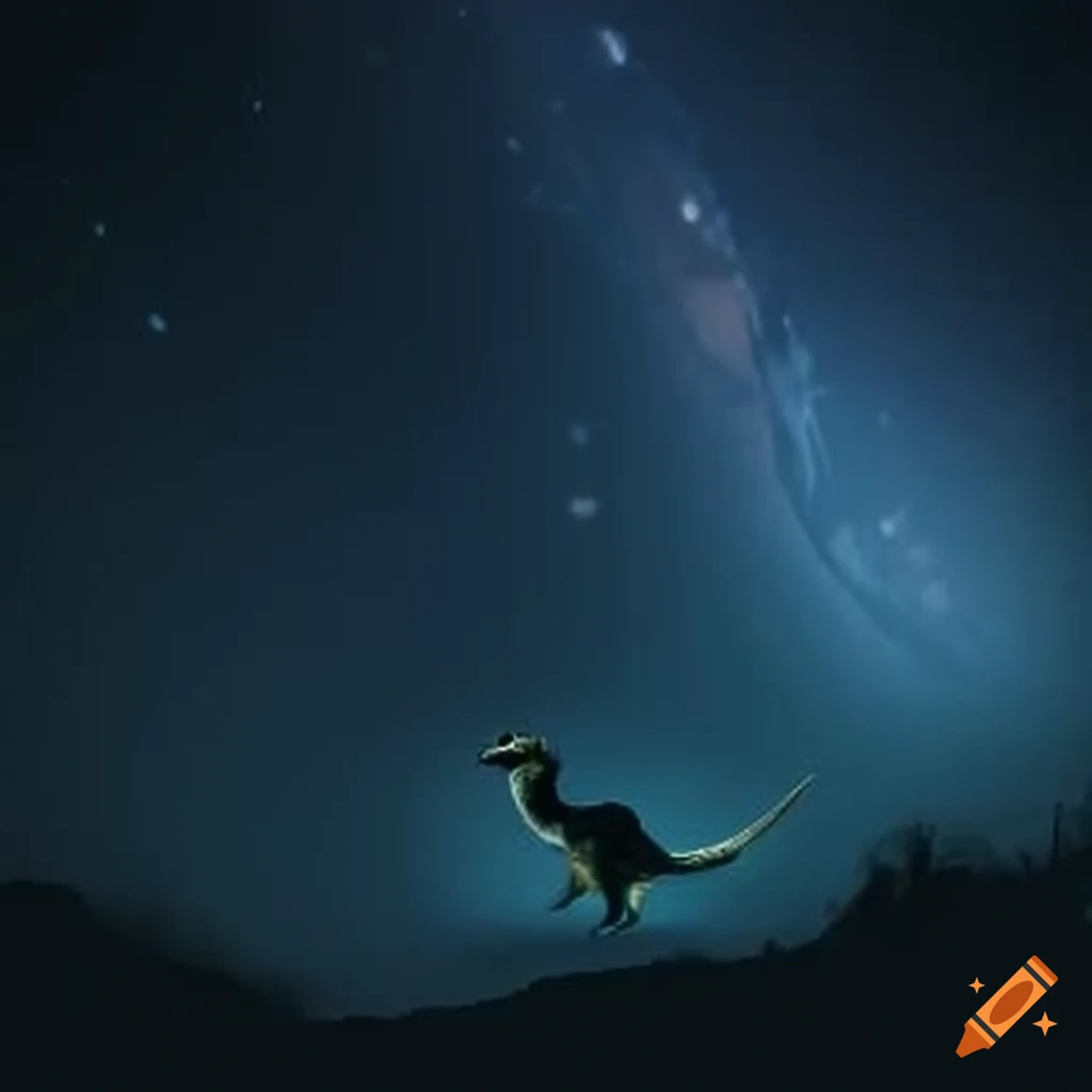 Illustration of meteors and a dinosaur in the sky