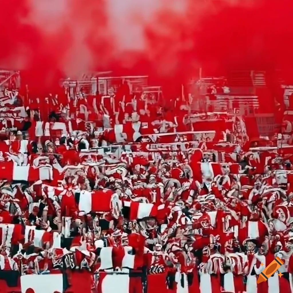 Red and white striped wild soccer stadium fans on Craiyon