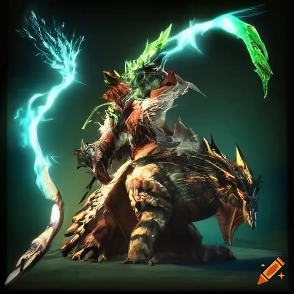 Depiction of a battle scene in Monster Hunter on Craiyon