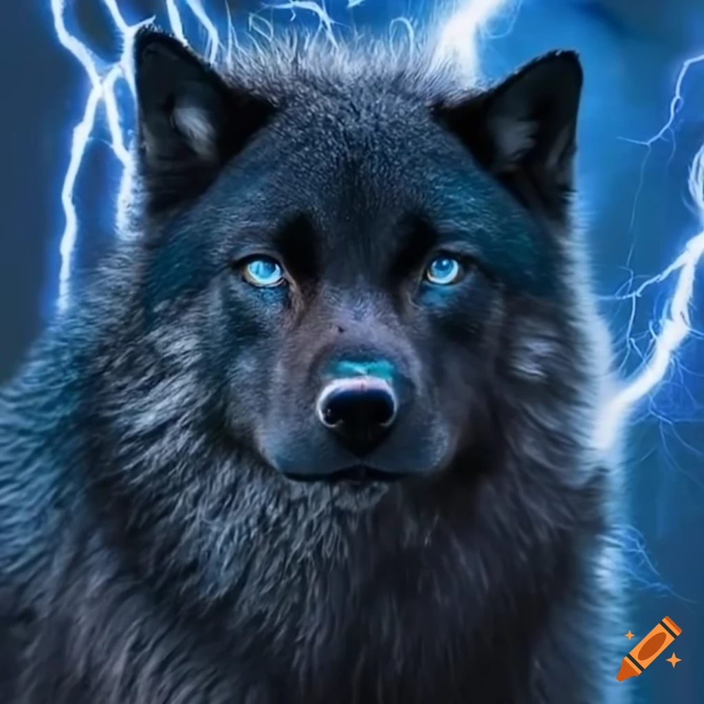 Black wolf with lightning powers and blue eyes on Craiyon