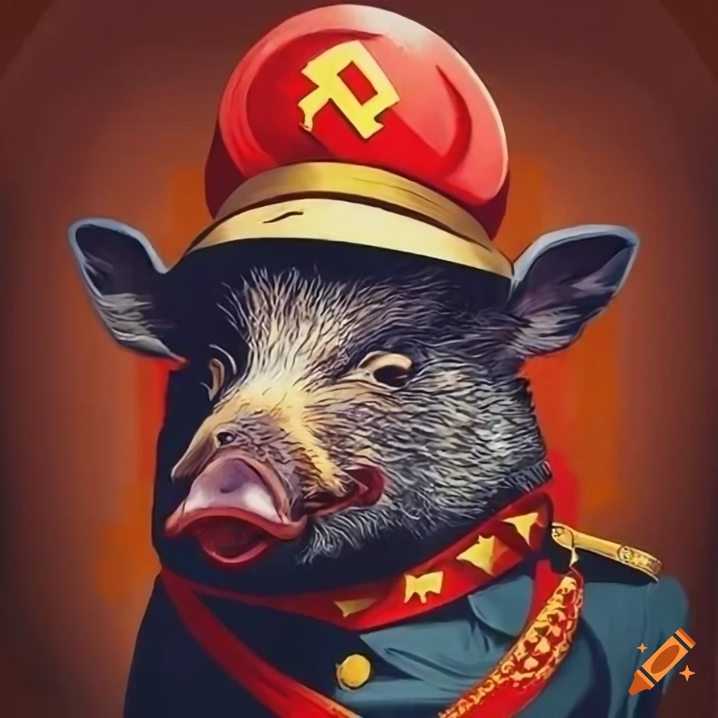 Cartoonish image of a man in a soviet officer cape, small suit, pig ...