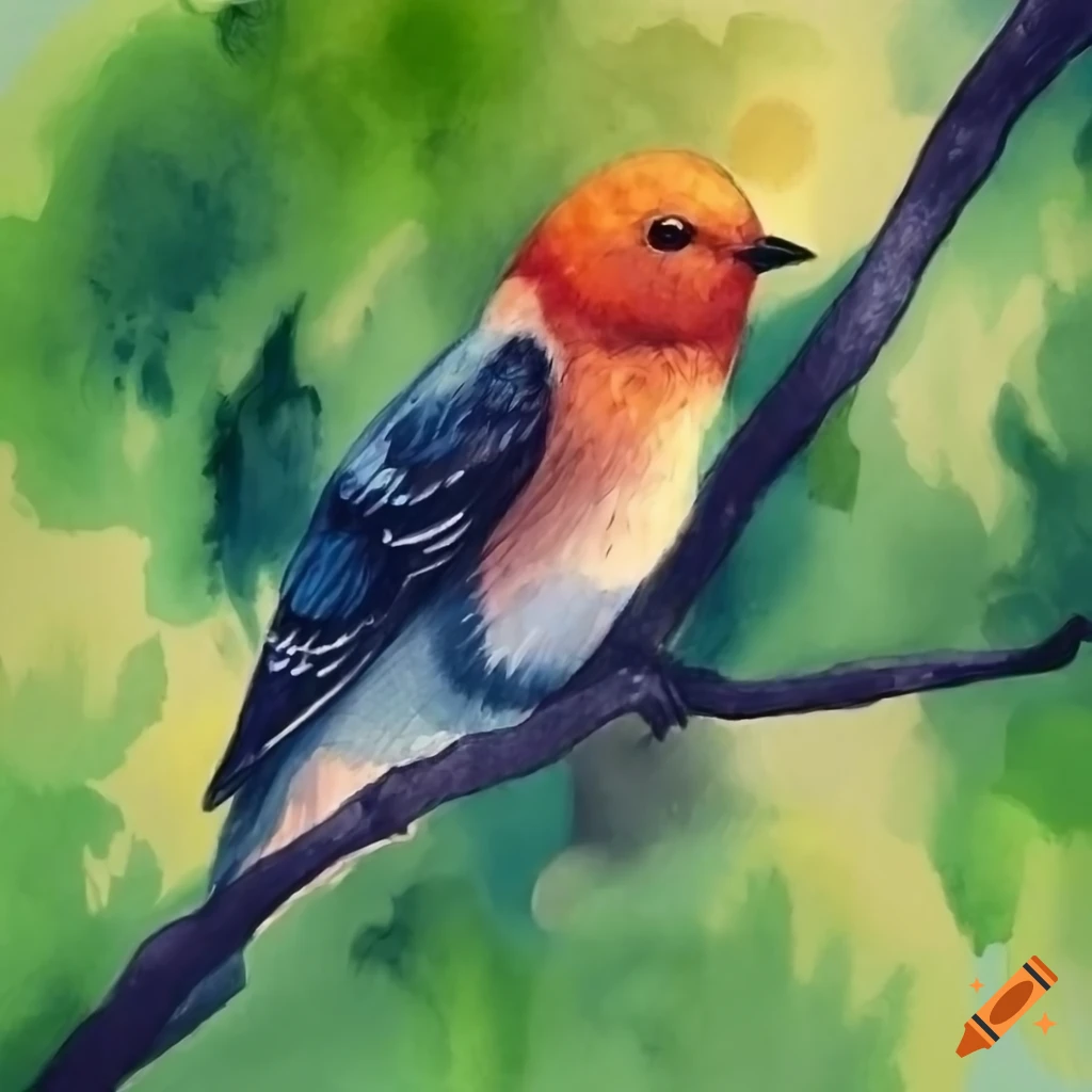 Realistic drawing of a gray and pale orange bird on a branch on Craiyon