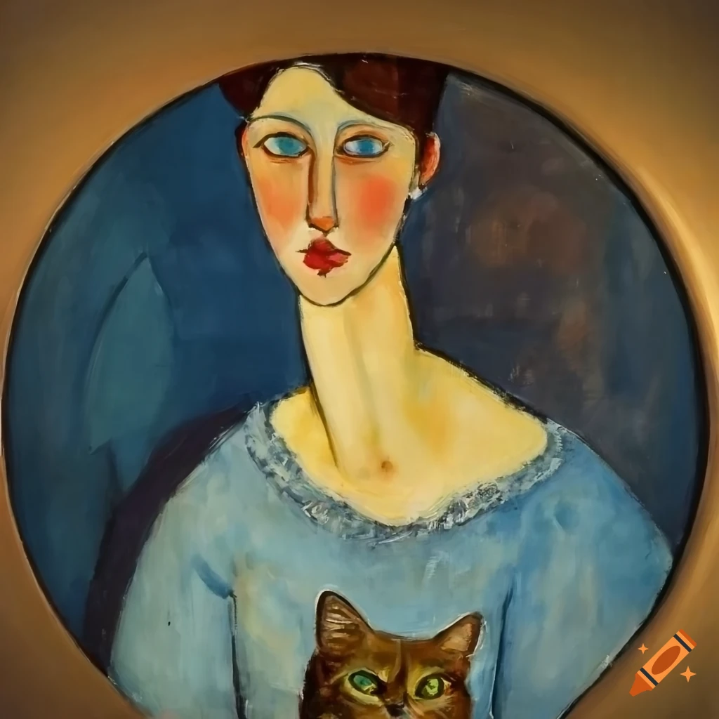 Portrait of a woman in blue with gold cat in modigliani style