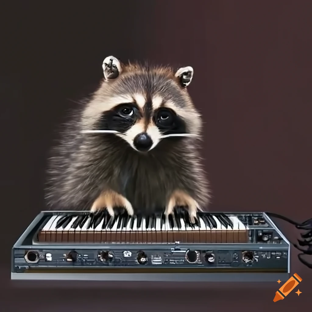 Raccoon playing a modular synthesizer on Craiyon