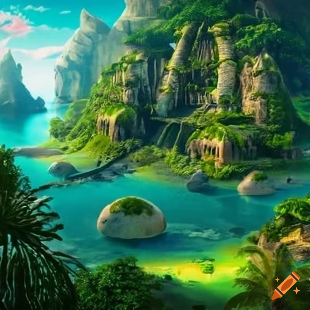 Art of a lush fantastical island on Craiyon