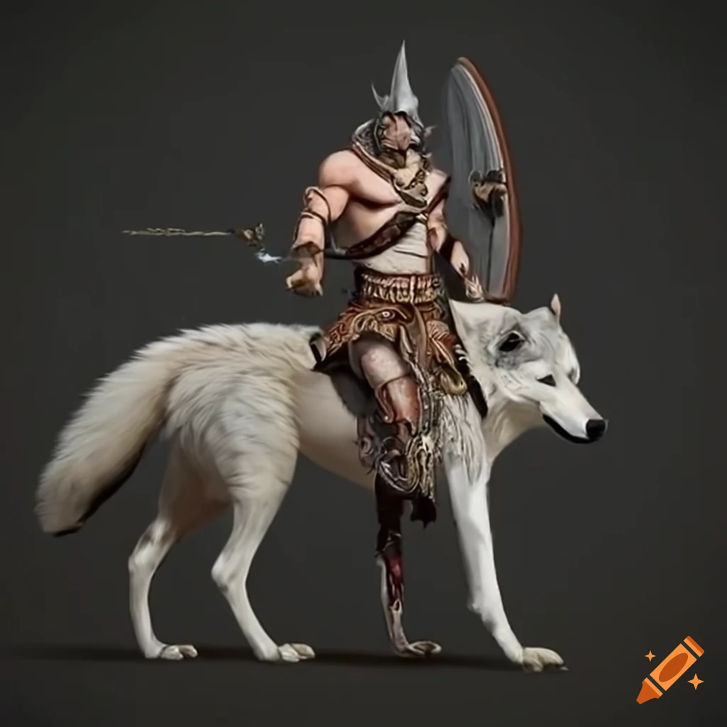 Warrior riding a white wolf