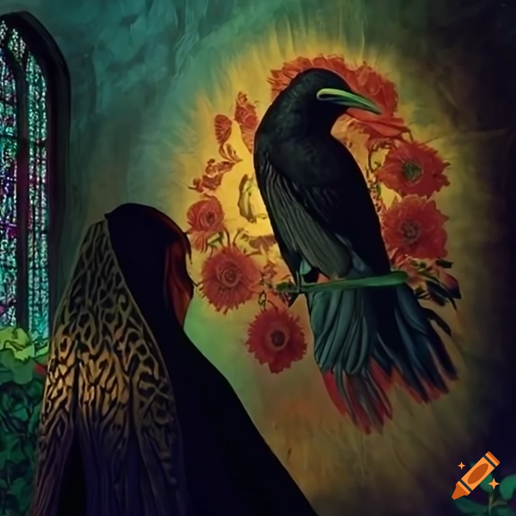3d illustration of a magical raven with religious attire in a garden on ...