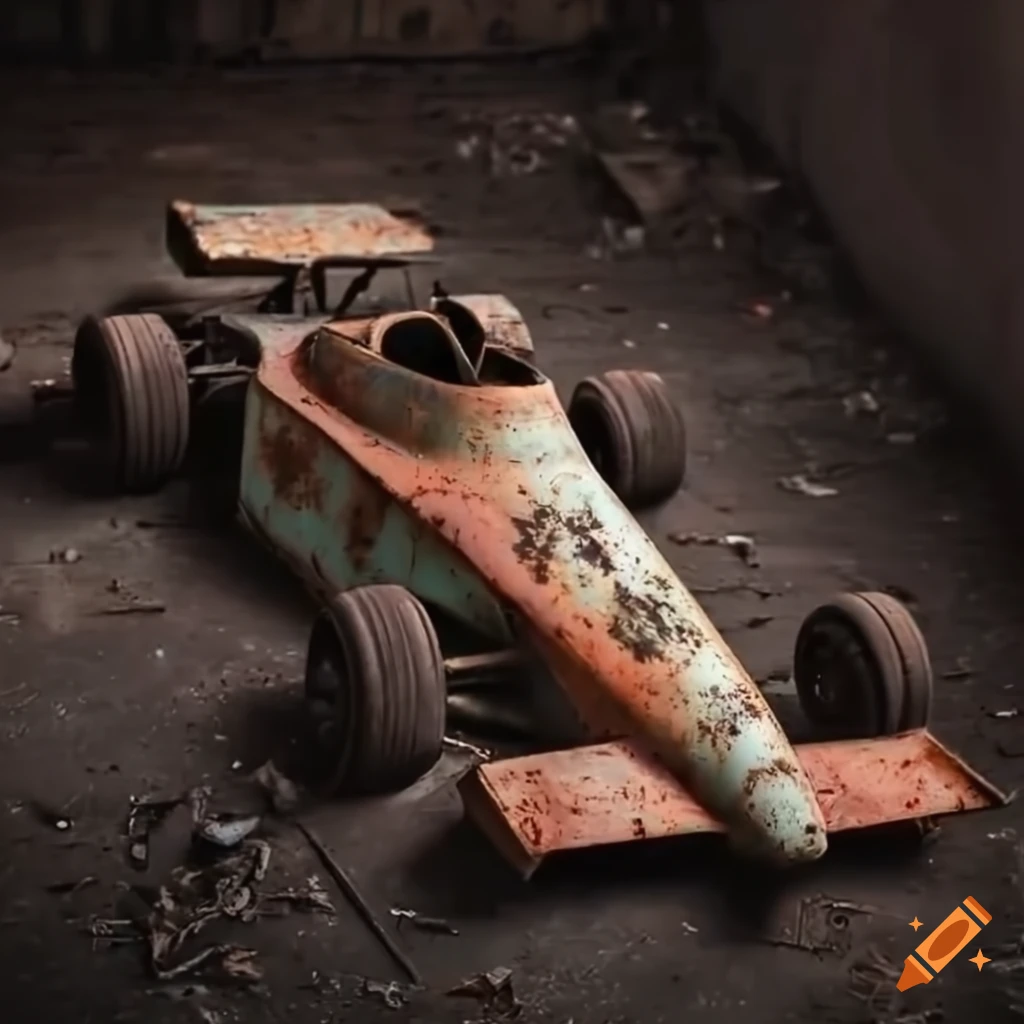 Vintage f1 car in an abandoned mechanic workshop on Craiyon