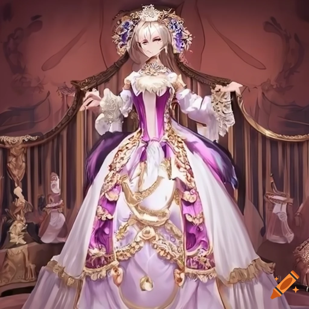 Image of an anime queen in rococo dress on Craiyon