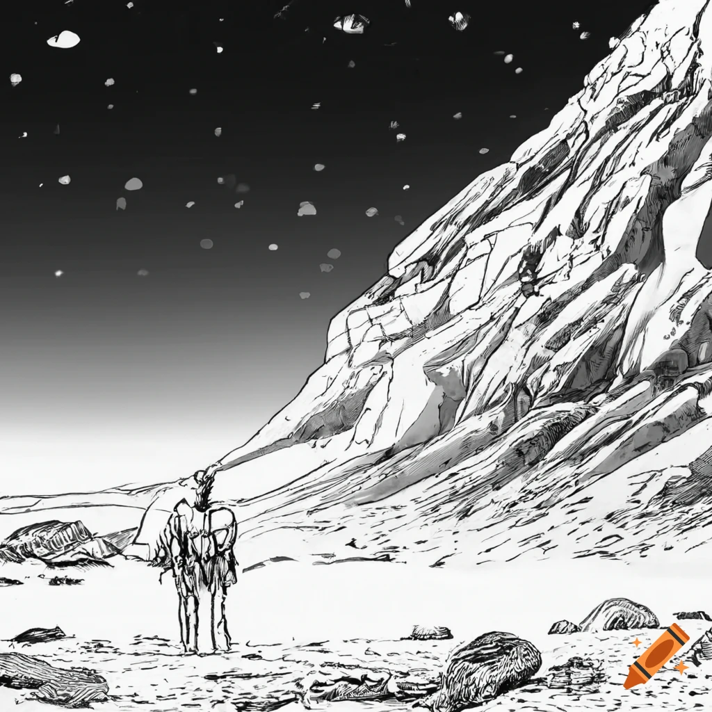 Moebius-style manga panel of figures on a desert plateau on Craiyon