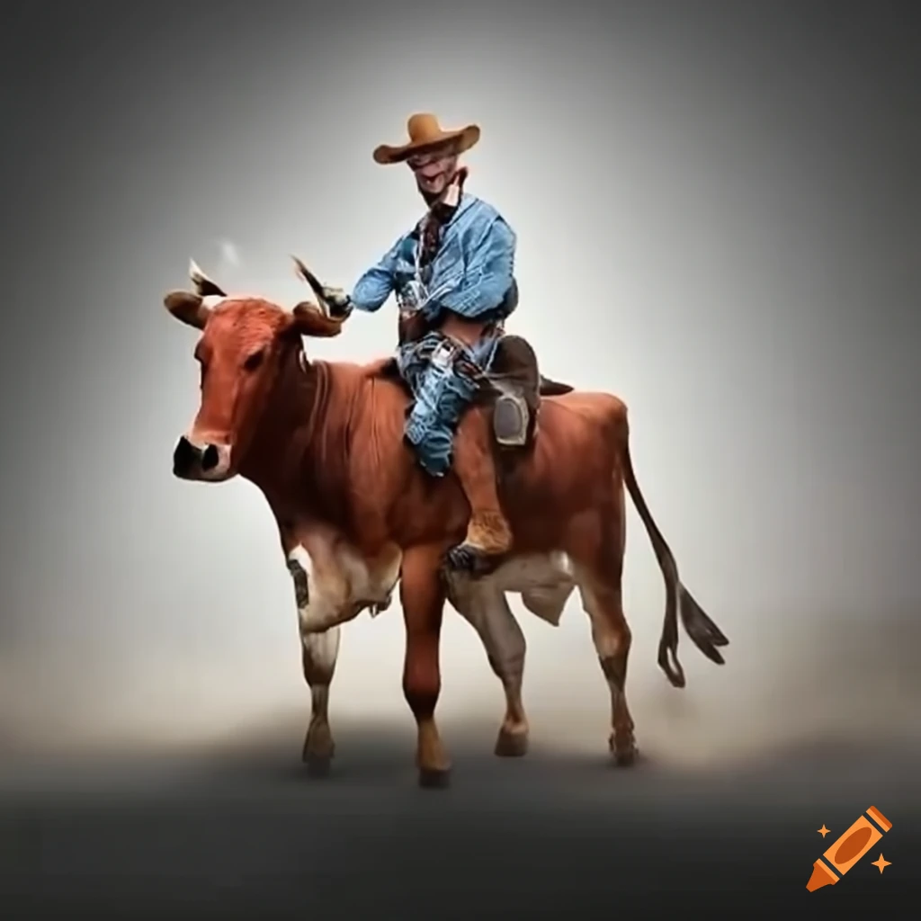 Realistic illustration of a cowboy riding a cow on Craiyon