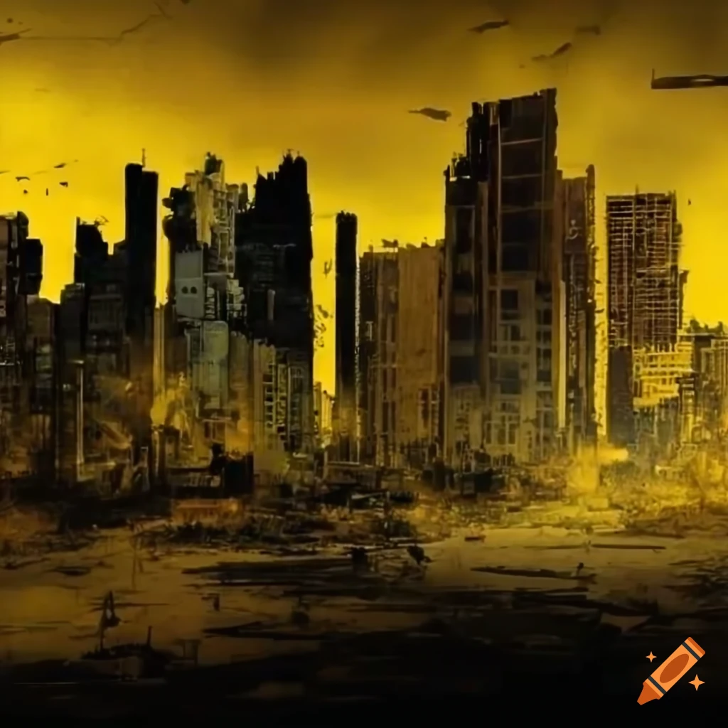 Yellow and black post-apocalyptic cityscape on Craiyon