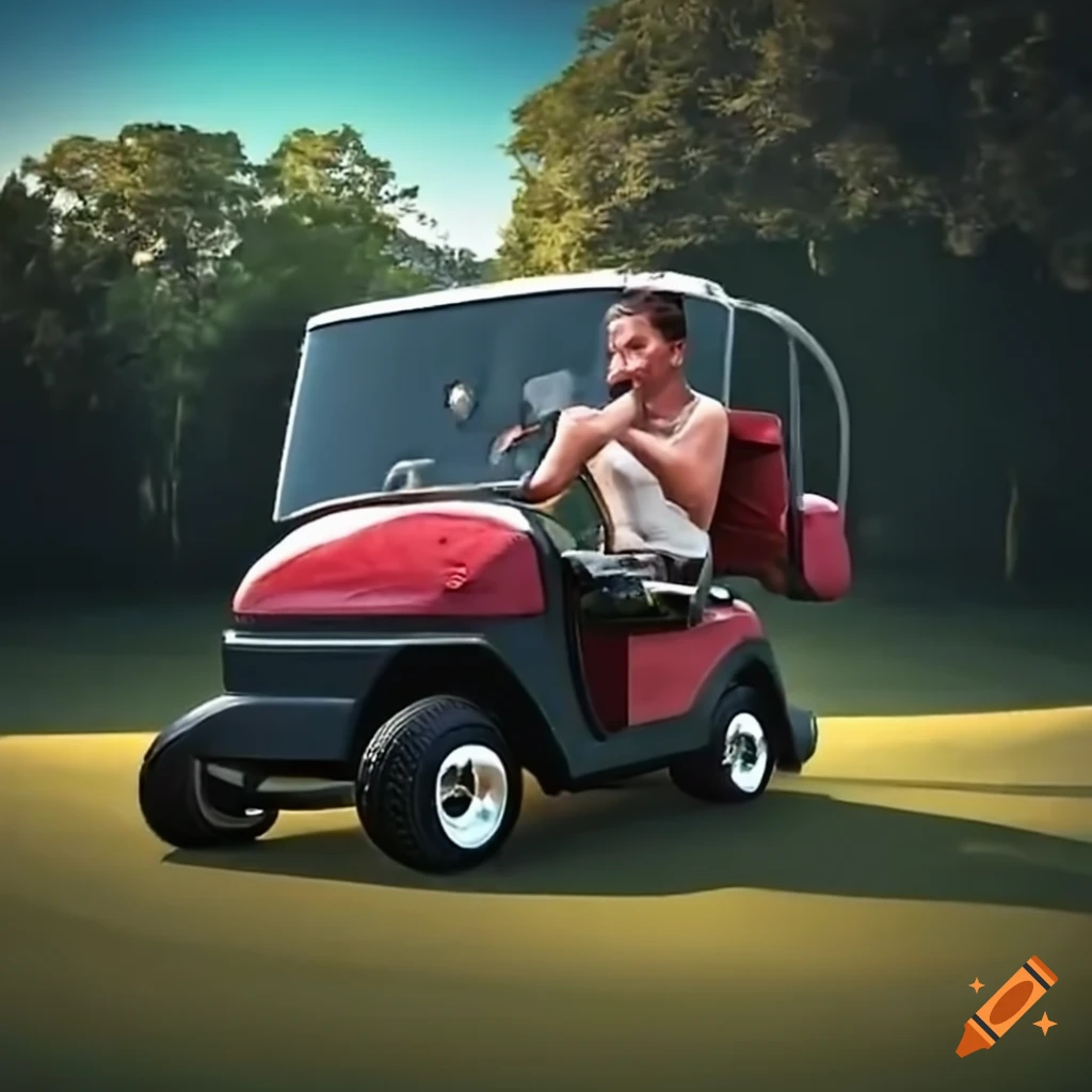 Action shot of a guy flipping over a golf cart