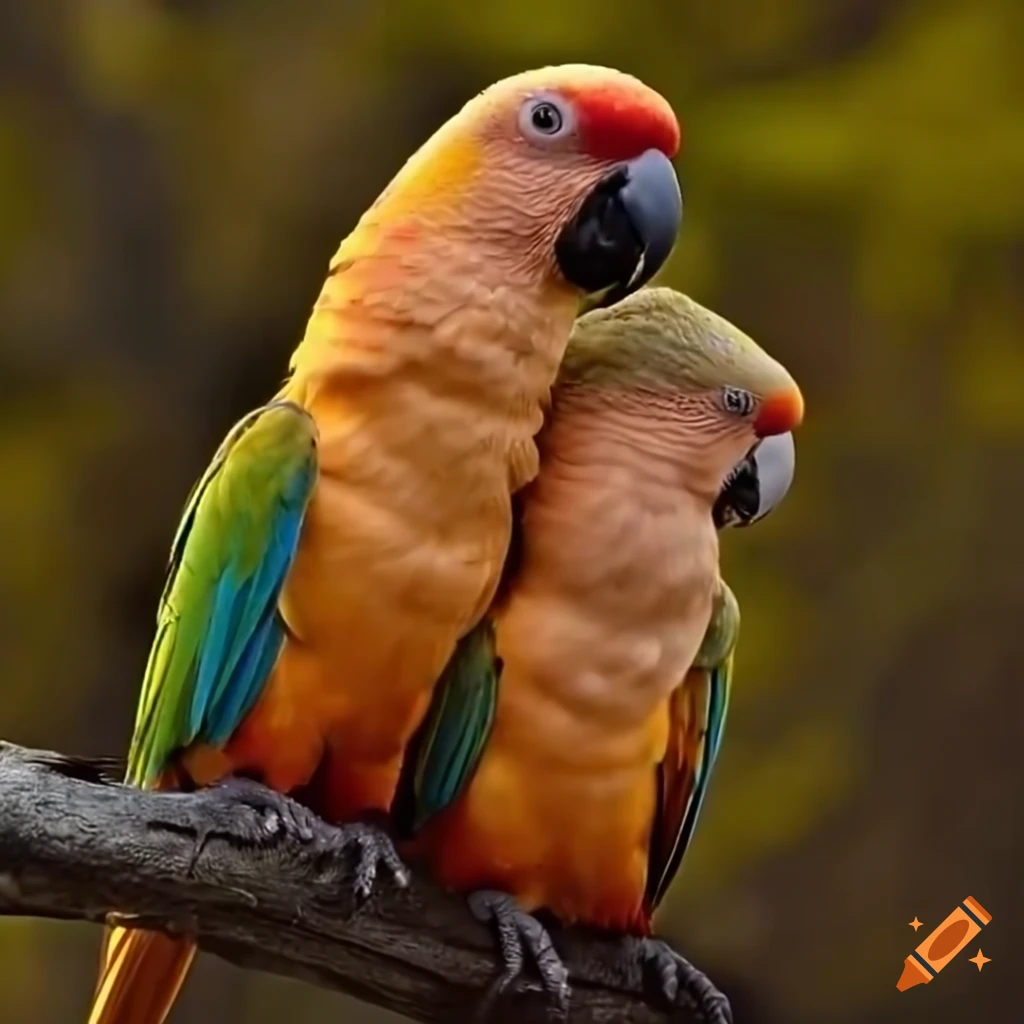Parrots cuddling on a tree limb at sunset