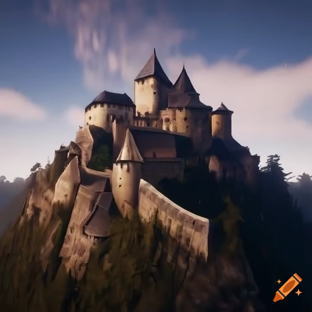 Aerial view of australian castle surrounded by taiga forest and hills ...