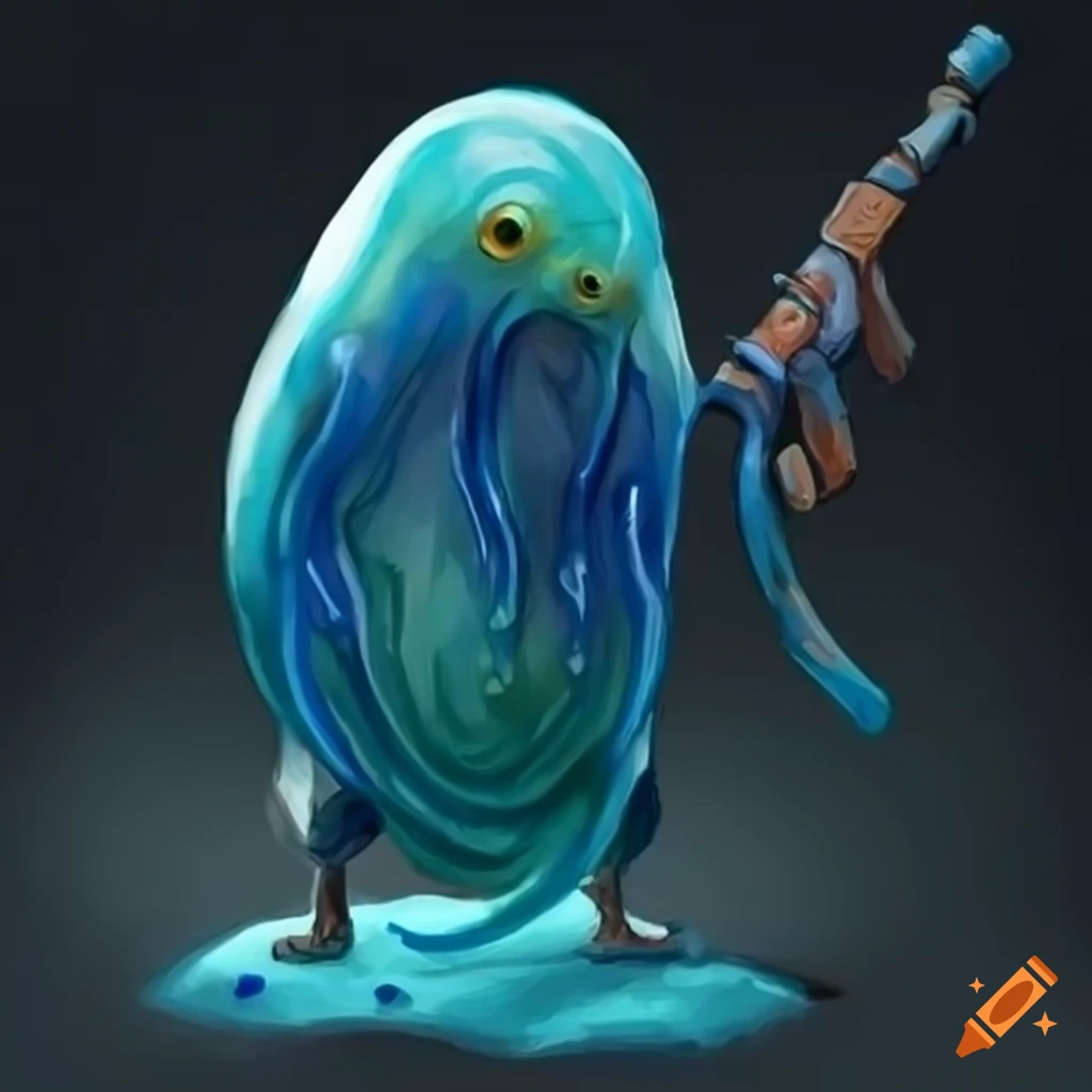 Fantasy character of a blue blob monk with an ak-47