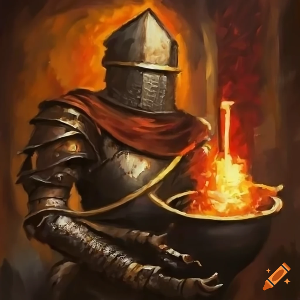 Oil painting of a knight guarding a pot of chili on Craiyon