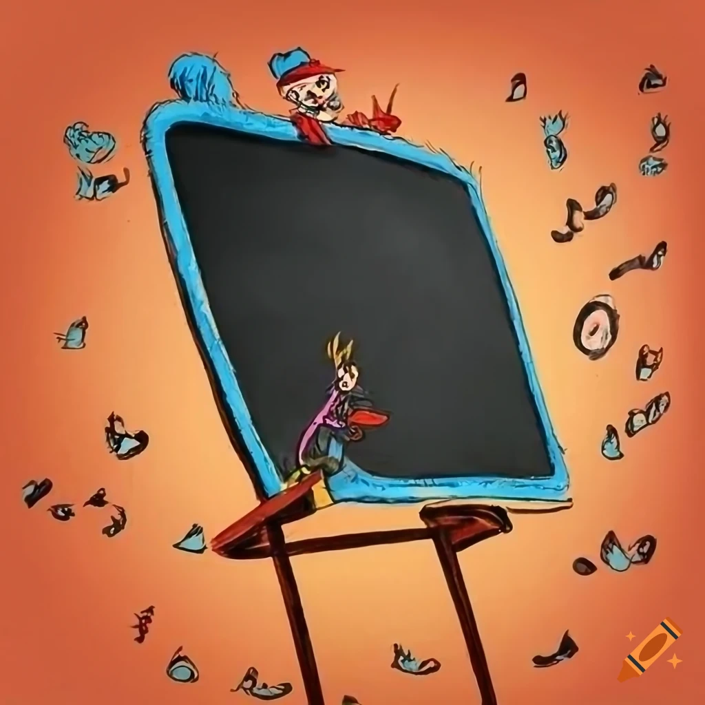 Colorful humorous book illustration of game rules on a blackboard