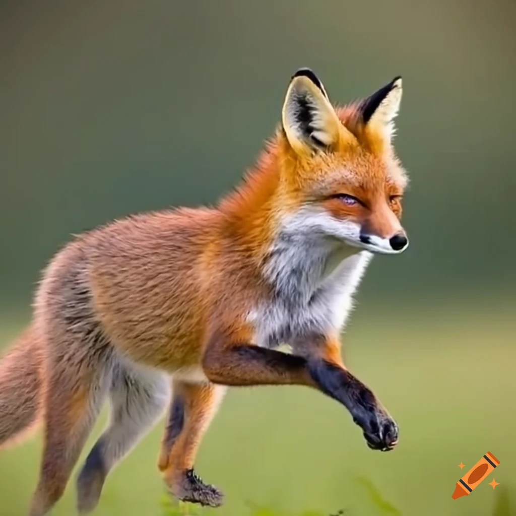 Fox running with wind in a meadow