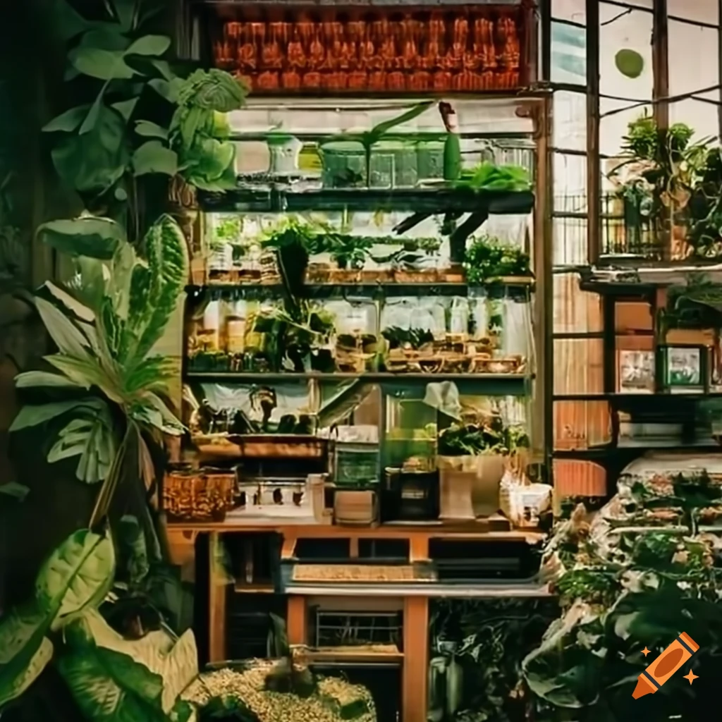 Store with greenhouse walls filled with plants on Craiyon