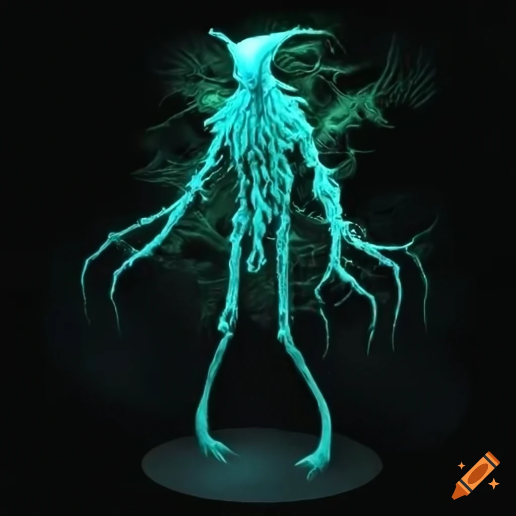 Illustration of an eldritch root creature with glowing lines on Craiyon