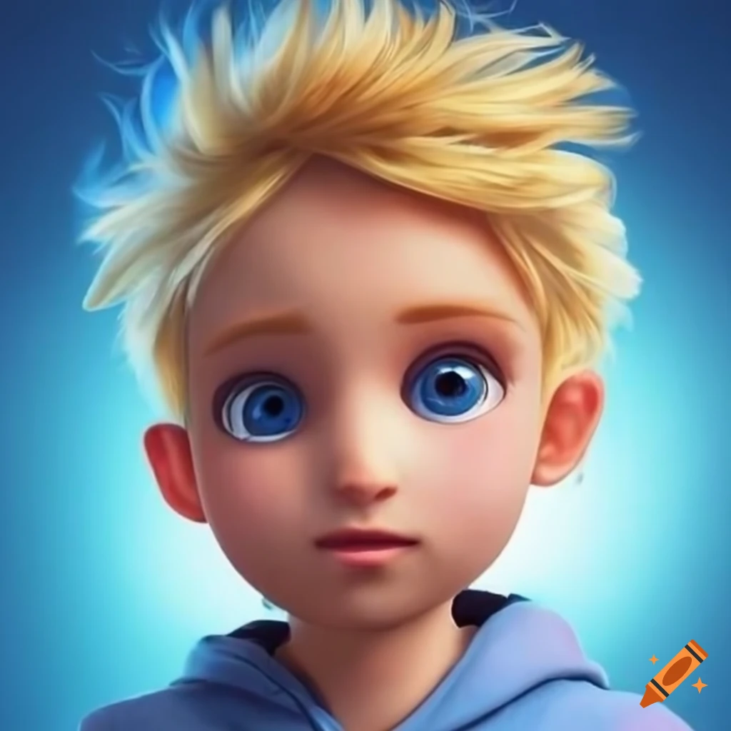 Blonde kid with blue eyes wearing a Hotwheels hoodie on Craiyon