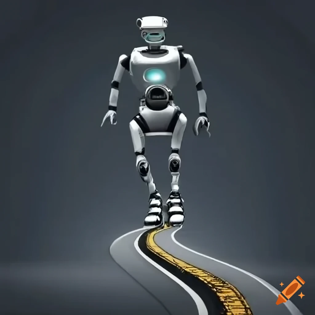 Futuristic robot walking on a winding road on Craiyon