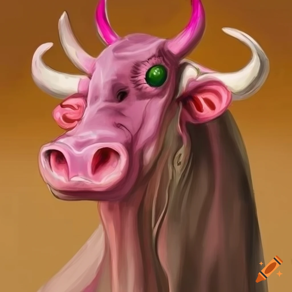 Bold drawing of a pink creature with horns and green eye