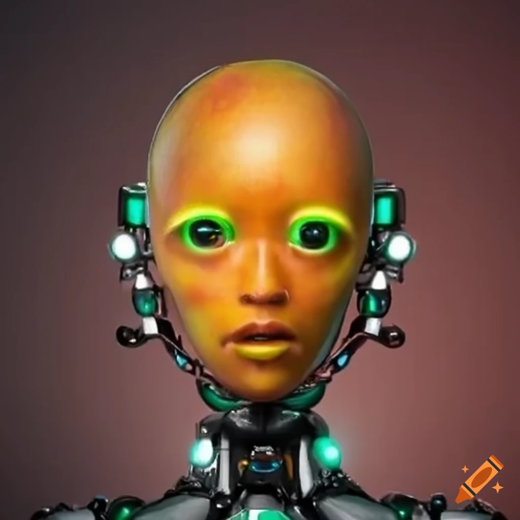 Humorous robot holding a mango