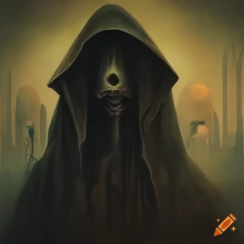 Surreal artwork of hooded beings in a wasteland on Craiyon