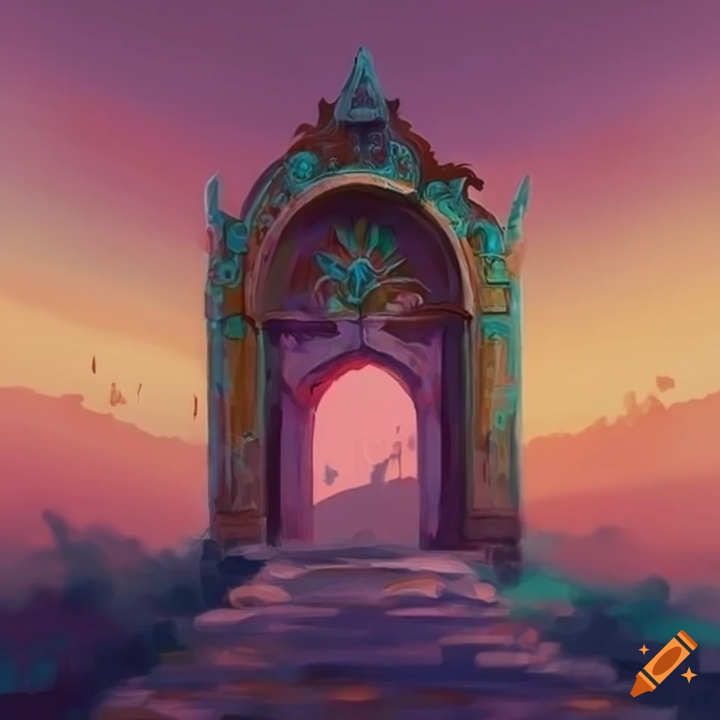 Pastel concept art of a fantasy gate