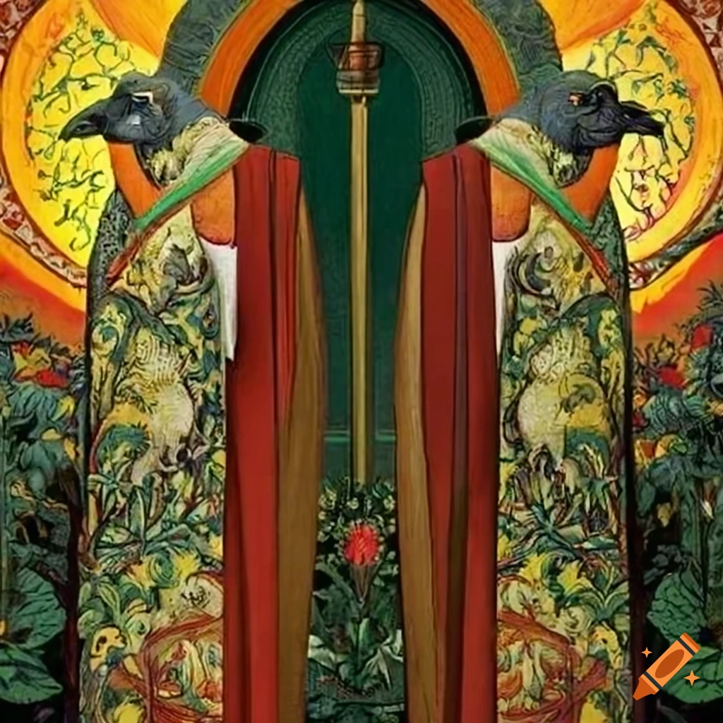 Illustration of a raven wearing a Catholic Cope in a garden at twilight ...