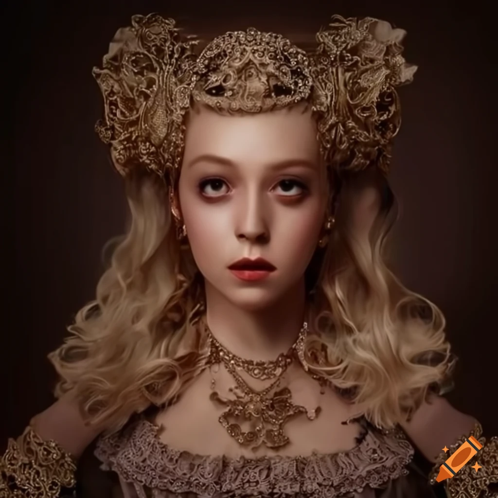 Close-up of a fantasy queen in a rococo dress